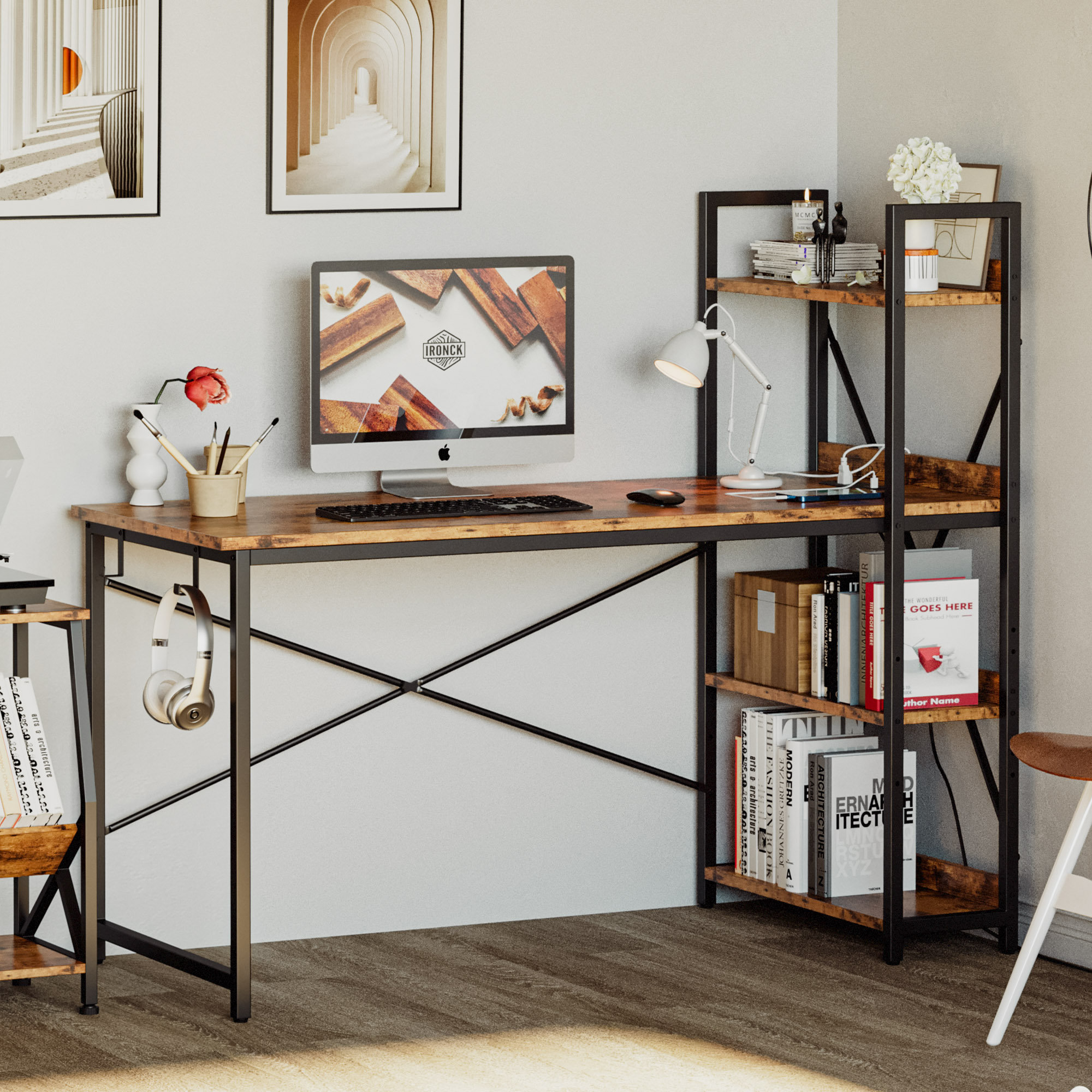 Sarahlouise Computer Desk with Power Outlet Storage Shelves PC Desk Workstation for Home Office 17 Stories Color Top Frame Black Size 47.64 H